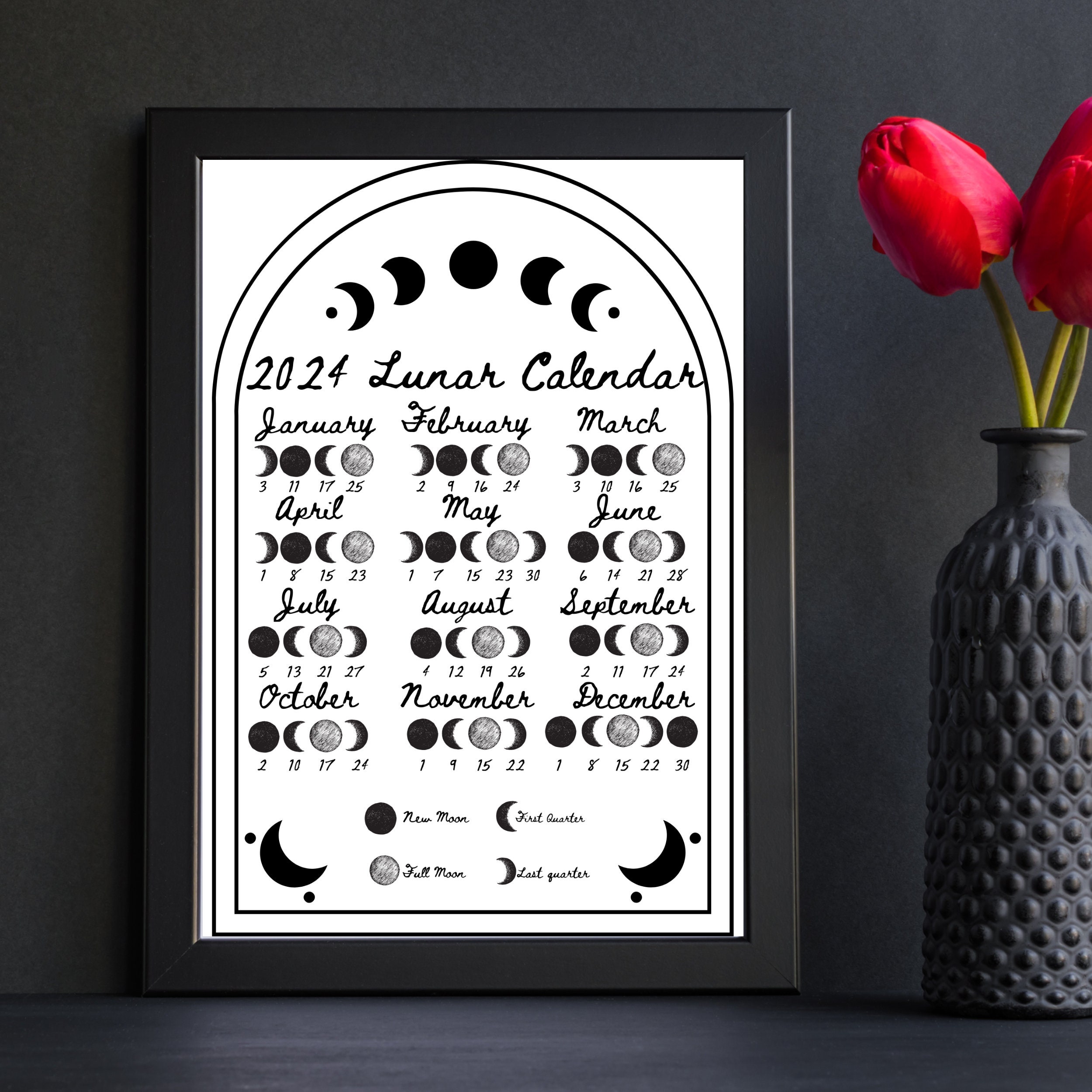 2024 Witchy Lunar Calendar Printable, Moon Phase Calendar, Digital ...