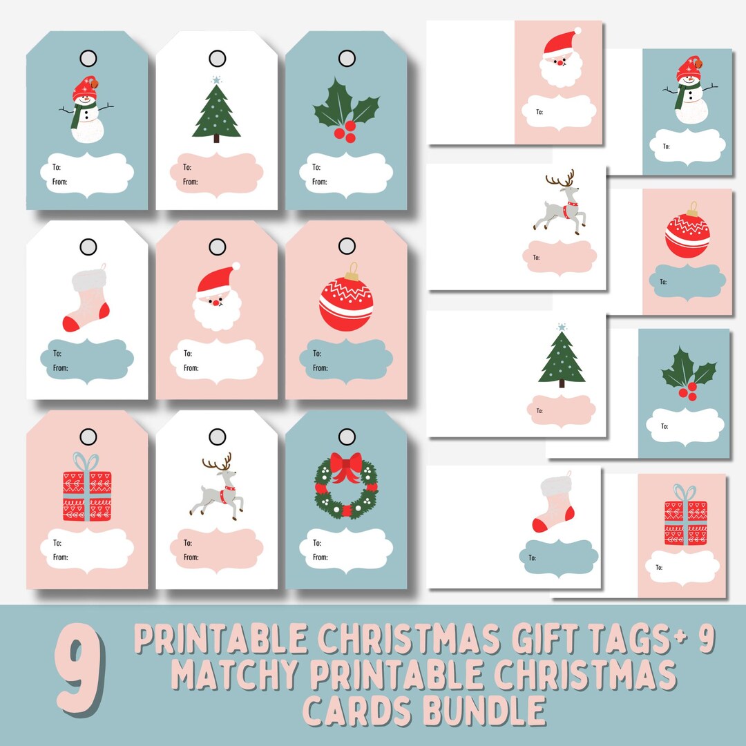 Printable Christmas Gift Tags & Matching Holiday Cards Bundle, Cohesive ...