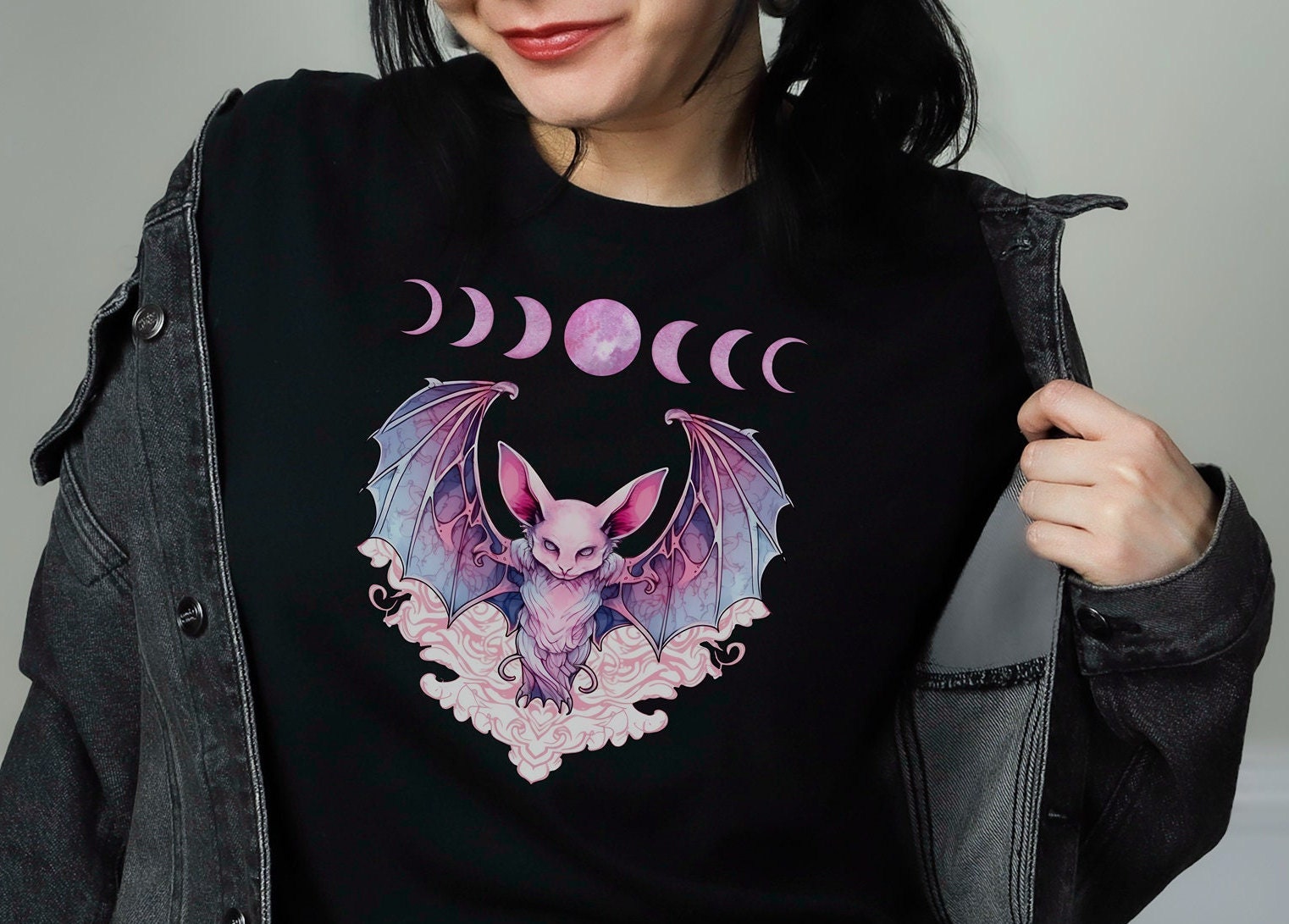 Pastel Goth Bat Shirt With Moon Phases, Yami Kawaii Fairy Kei Tee ...