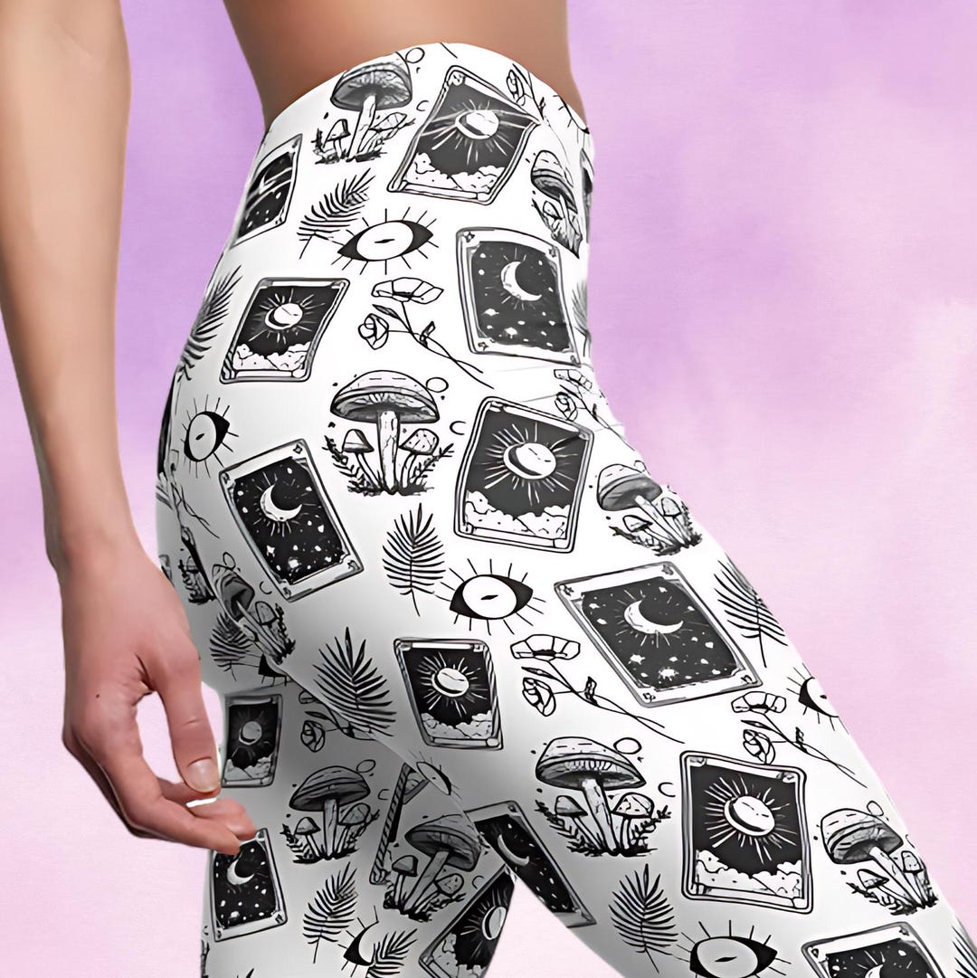 Witchy Moon Tarot Leggings for Women, Mystical Mushroom Eye Pattern ...