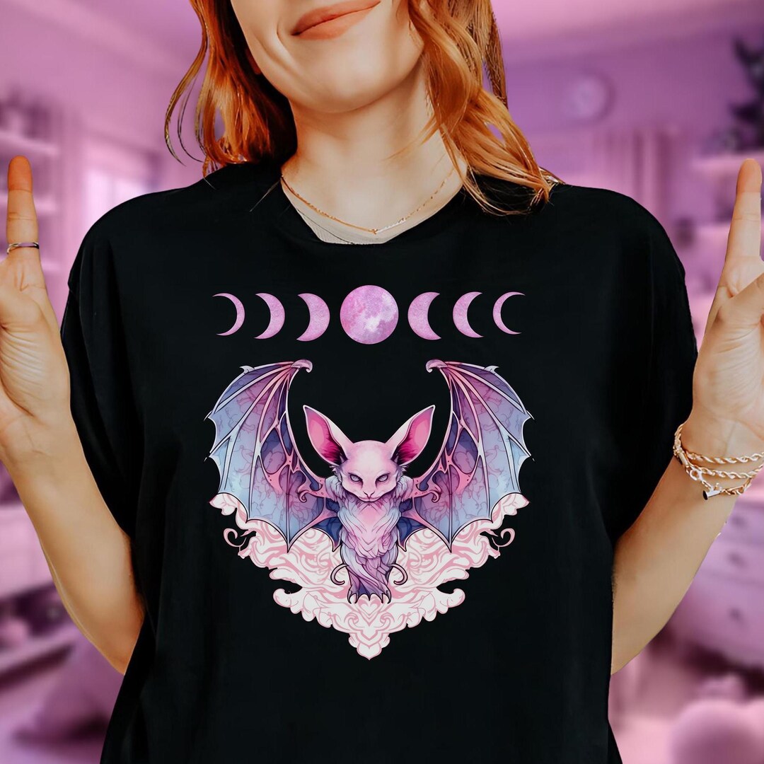 Pastel Goth Bat Shirt With Moon Phases, Yami Kawaii Fairy Kei Tee ...