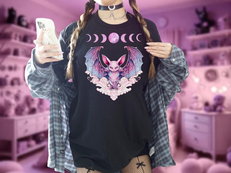 Pastel Goth Bat Shirt With Moon Phases, Yami Kawaii Fairy Kei Tee ...