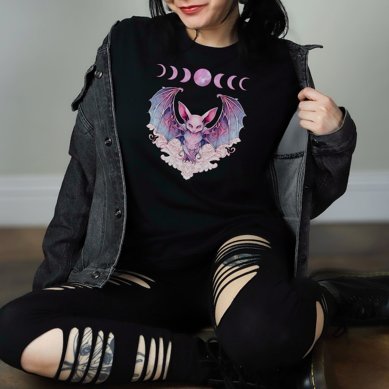 Pastel Goth Bat Shirt With Moon Phases, Yami Kawaii Fairy Kei Tee ...