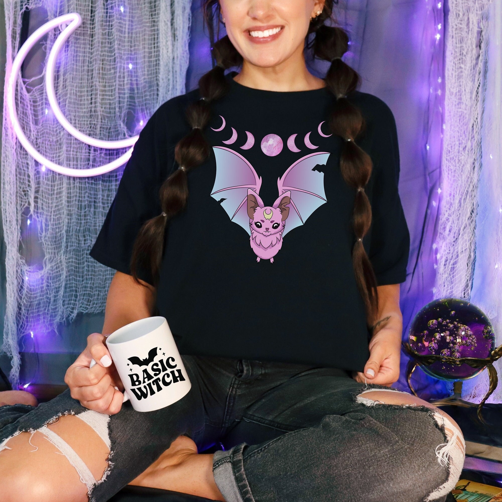 Pastel Goth Bat Shirt With Moon Phases, Yami Kawaii Fairy Kei Tee ...