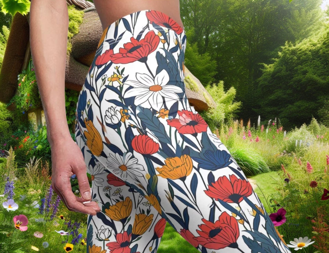 Cottagecore Wildflower Leggings: Ankle Length, Boho Floral Yoga Pants ...