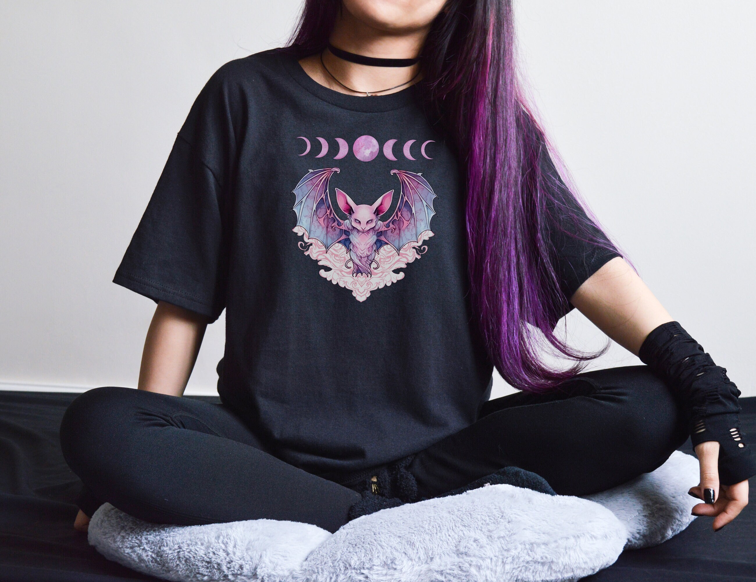 Pastel Goth Bat Shirt With Moon Phases, Yami Kawaii Fairy Kei Tee ...