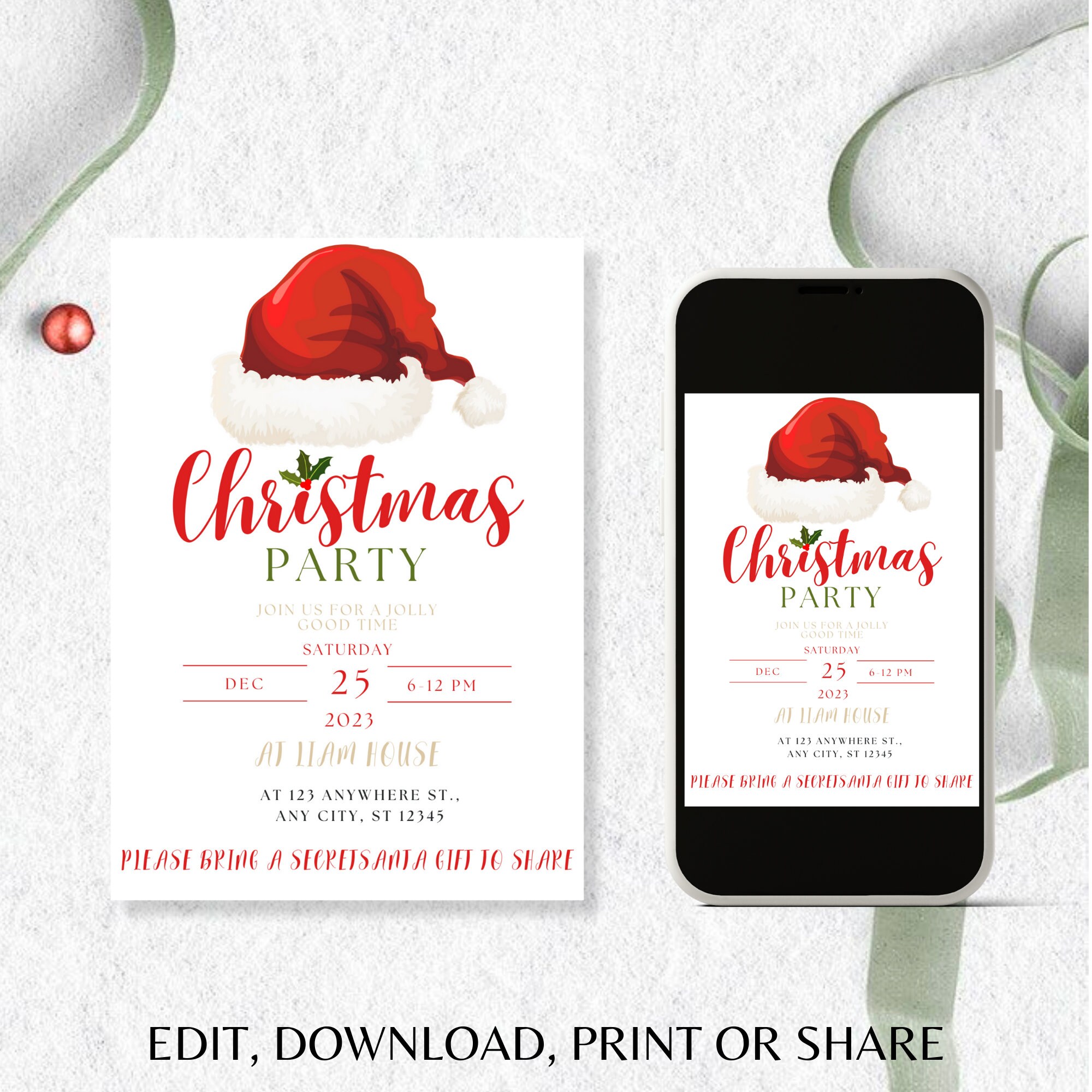 Editable Christmas Party Invitation Santa Hat, Christmas Party ...