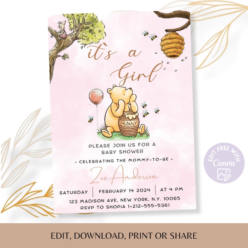 Editable Winnie the Pooh Baby Shower Invitation, Pink Winnie the Pooh ...