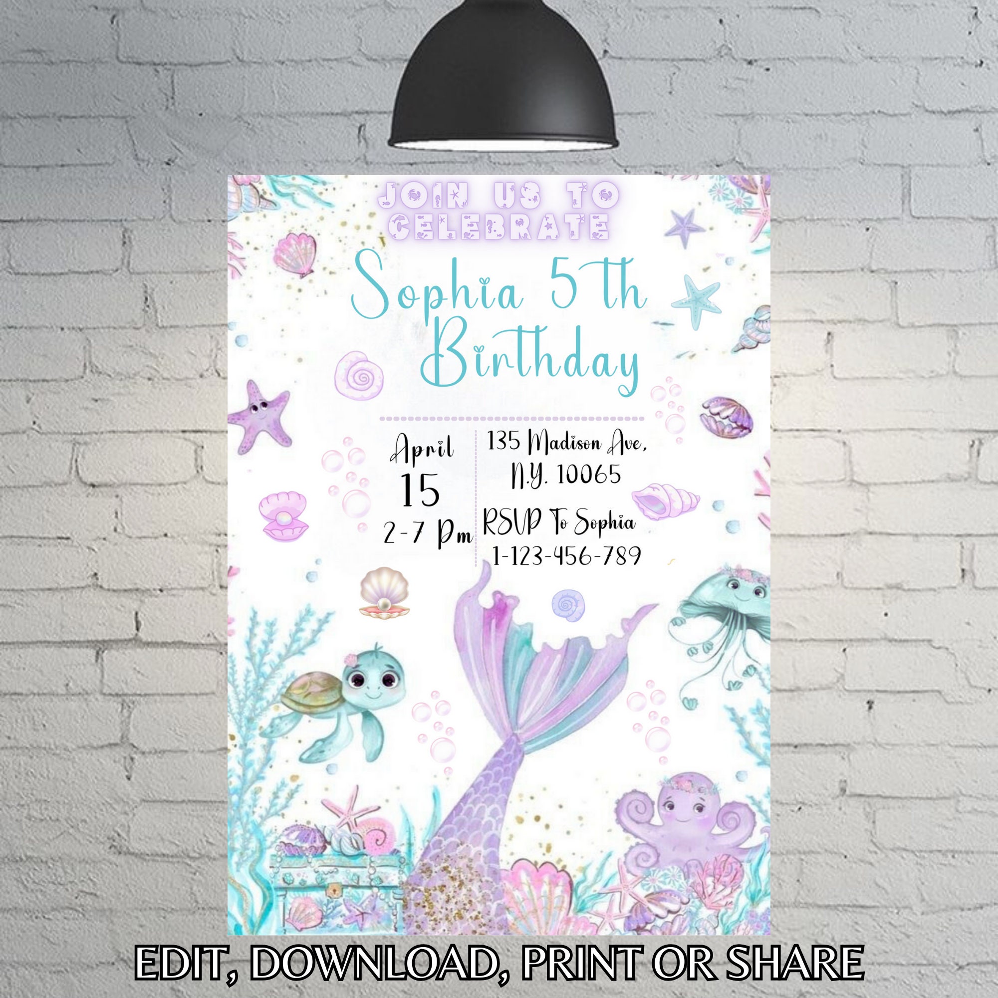 Editable Mermaid Birthday Invitation, Mermaid Invite, Under the Sea ...