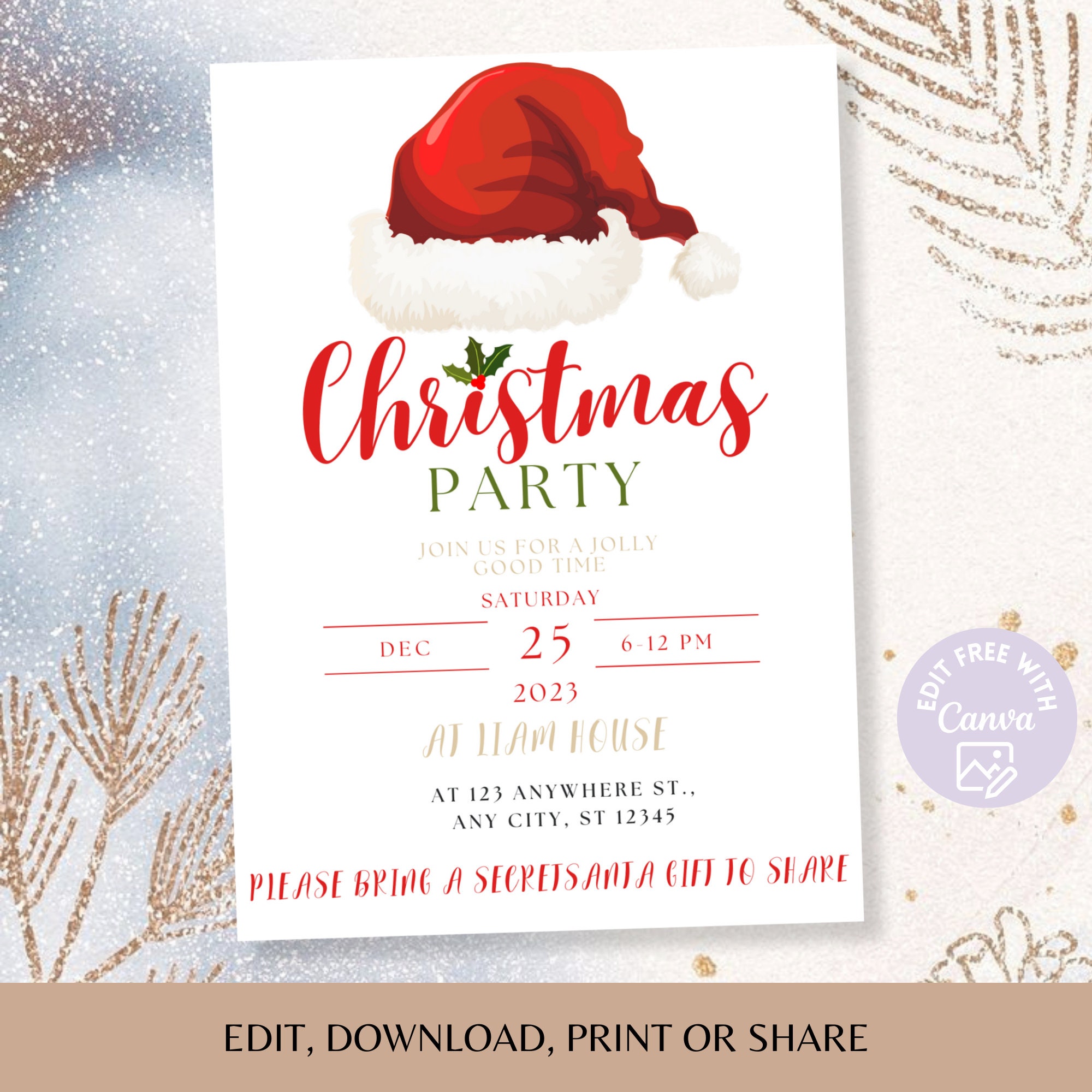 Editable Christmas Party Invitation Santa Hat, Christmas Party ...
