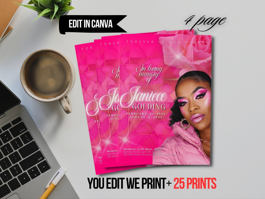4 Page Pink Funeral Program Templateedit in Canvain Loving - Etsy