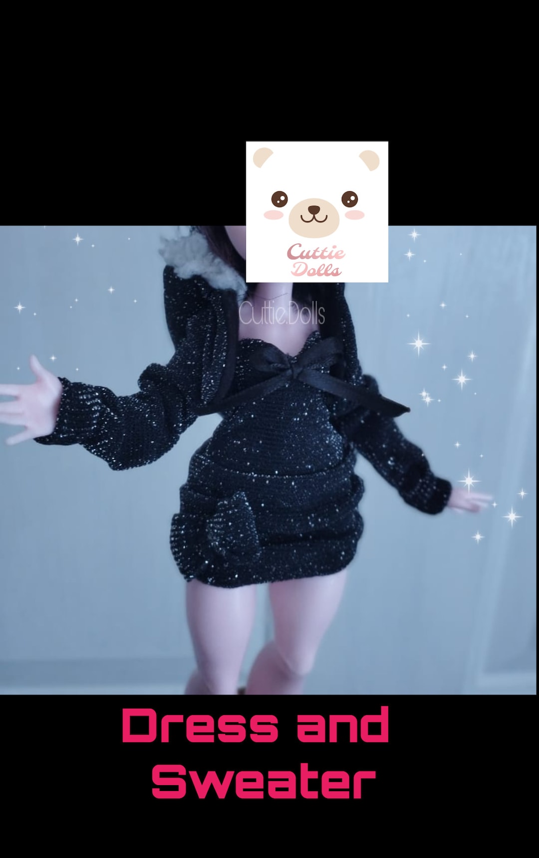 Doll Clothes Cuttie.dolls ''black Sparkles Dress and Sweater With Plush ...