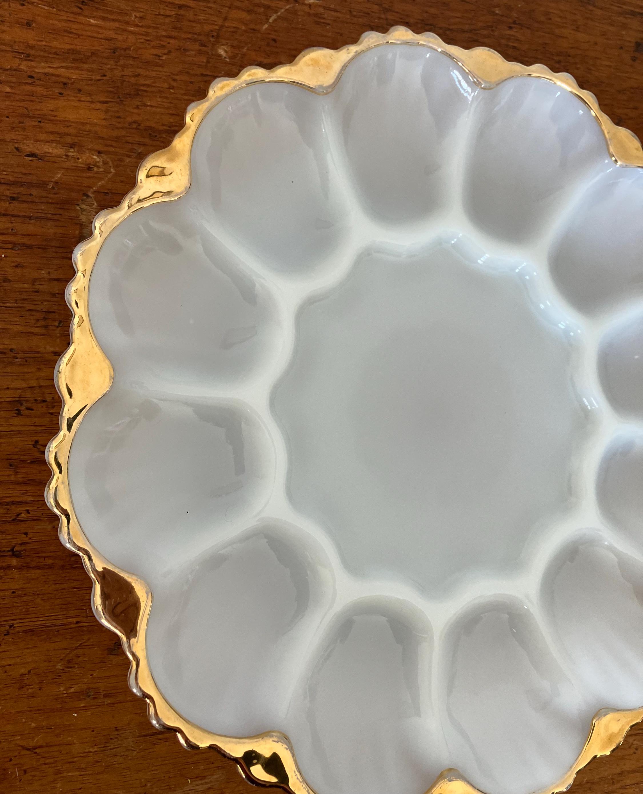 Vintage Devilled Egg Plate, Anchor Hocking Milk Glass With Gold Trim. MCM 50's Retro Fancy ...