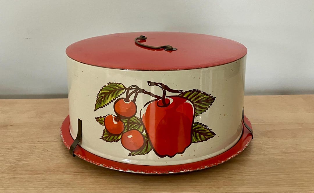 Vintage Metal Cake Keeper, Cake Carrier. Red and Ivory With Apples and ...