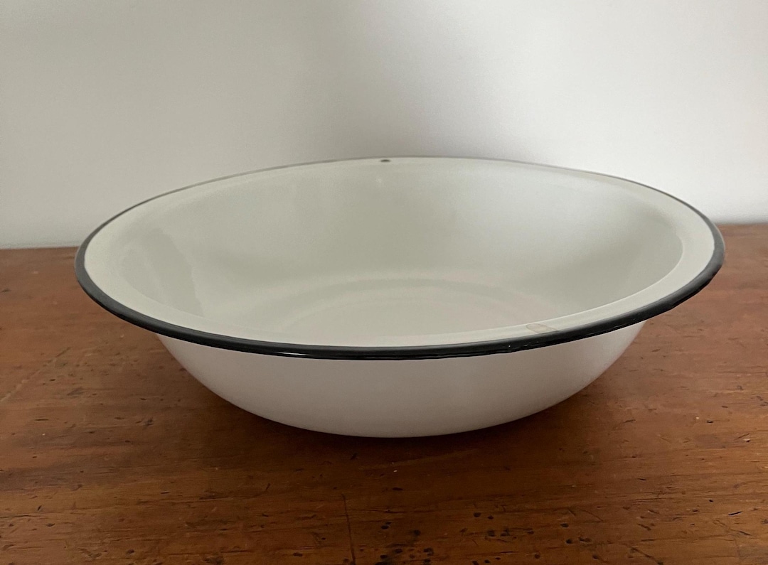 Vintage Enamelware Basin. Metal Enamel Bowl 13". White With Black Trim ...