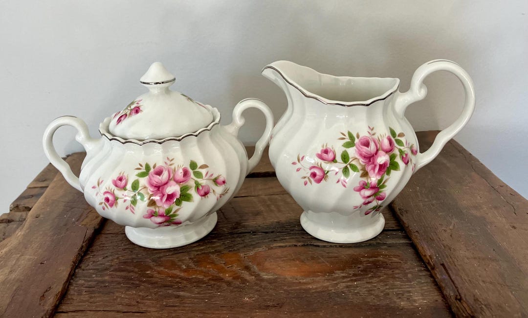 Johnson Bros Creamer and Lidded Sugar Bowl. Snow White Regency. Pink ...