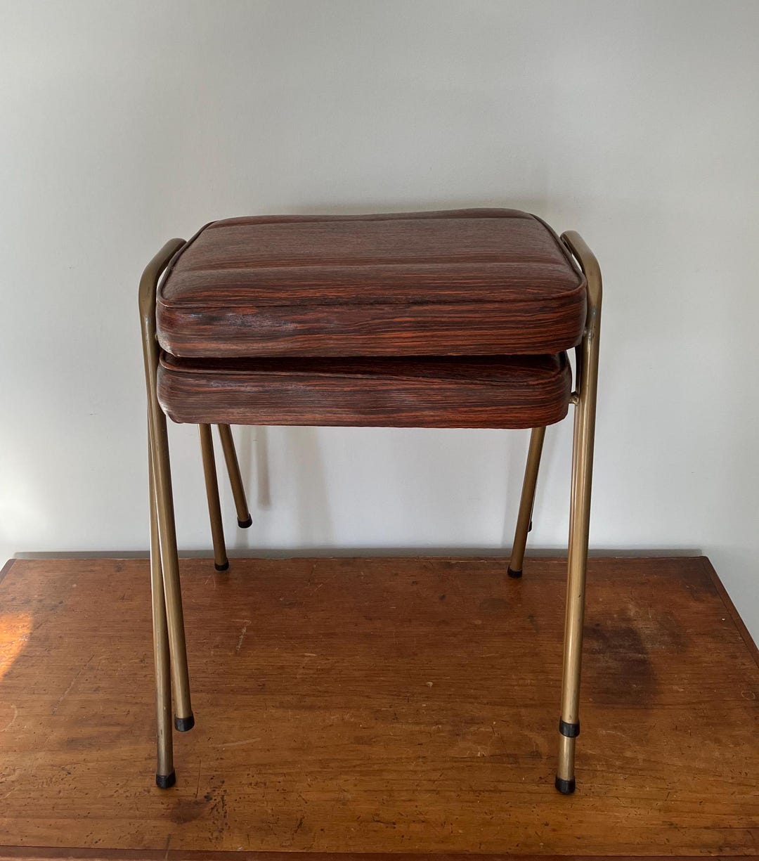 Vintage Stacking Stools. Set of 2 Faux Woodgrain Vinyl and Metal Leg ...