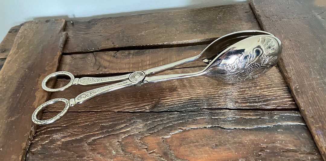 Vintage Silver Plate Salad Tongs, Scissor Style Spoon and Fork Serving ...