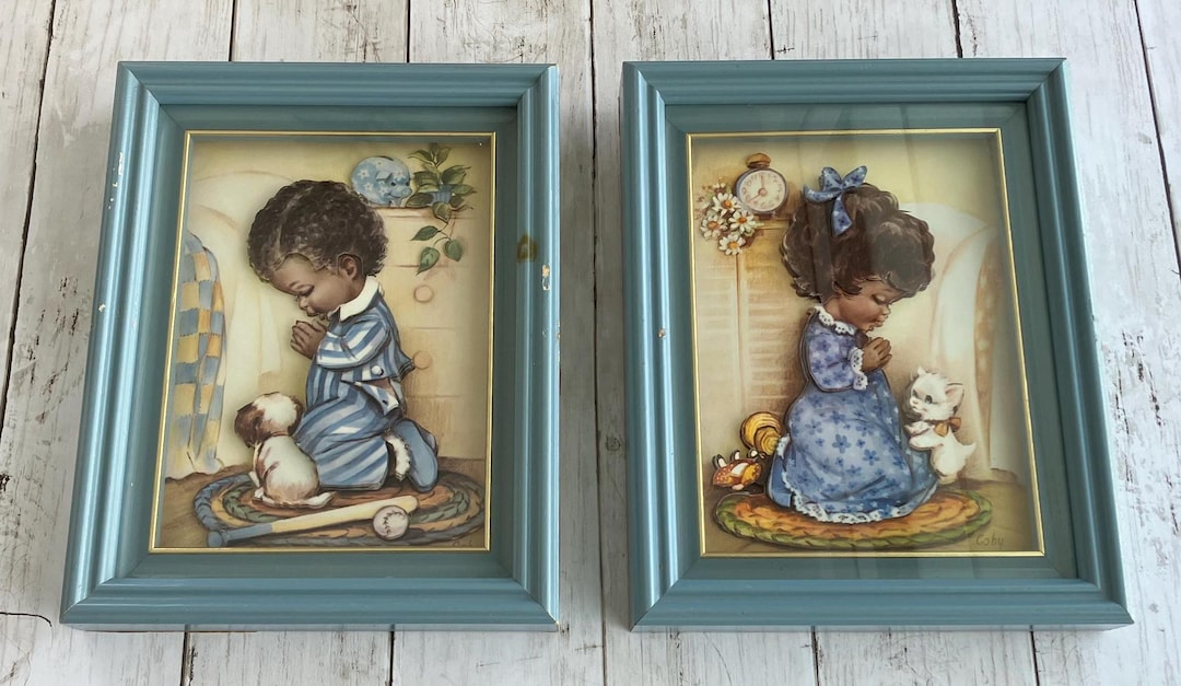 Vintage Tole Boy and Girl Praying Pictures. Set of 2 Handmade Paper ...