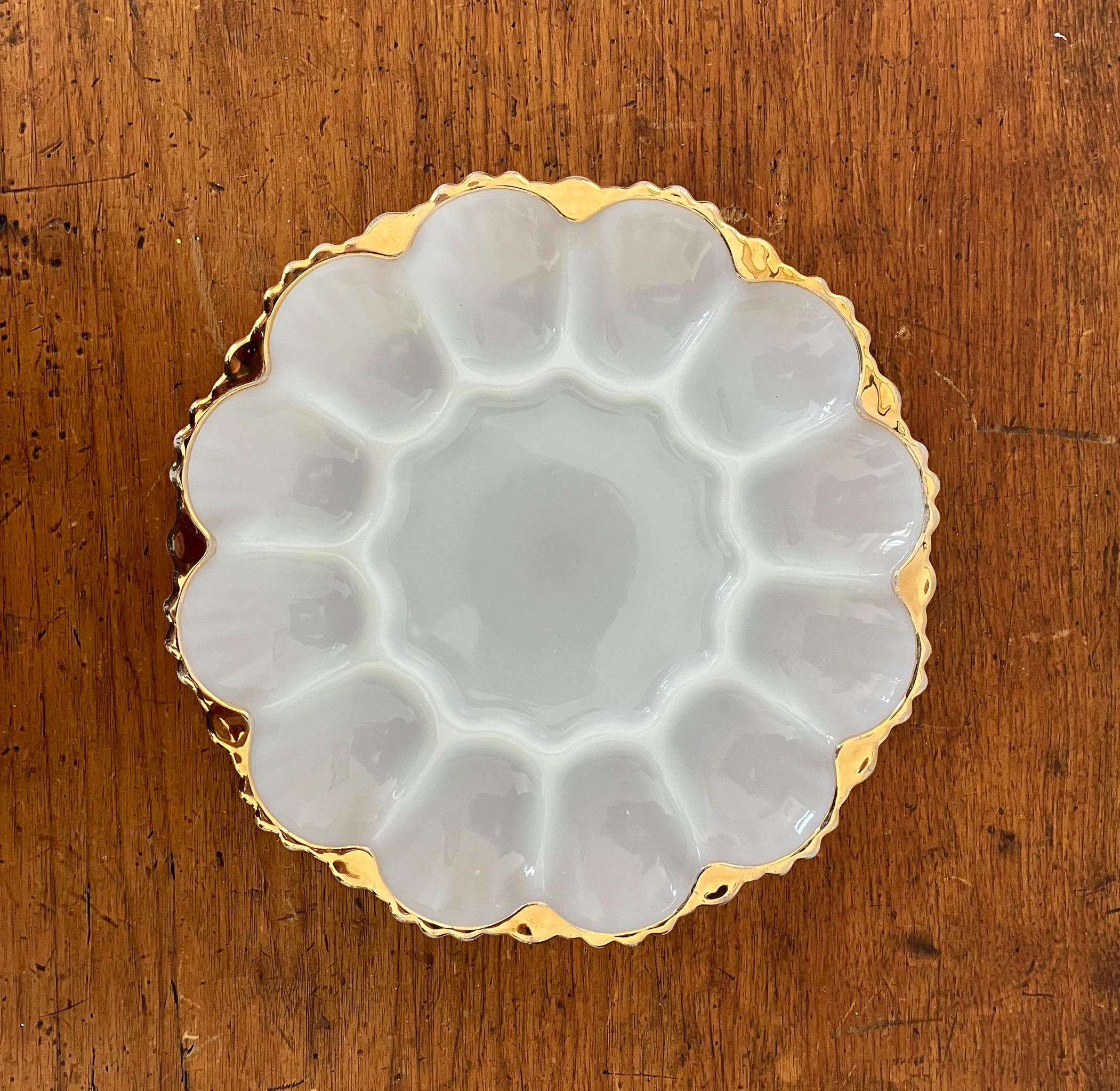 Vintage Devilled Egg Plate, Anchor Hocking Milk Glass With Gold Trim. MCM 50's Retro Fancy ...