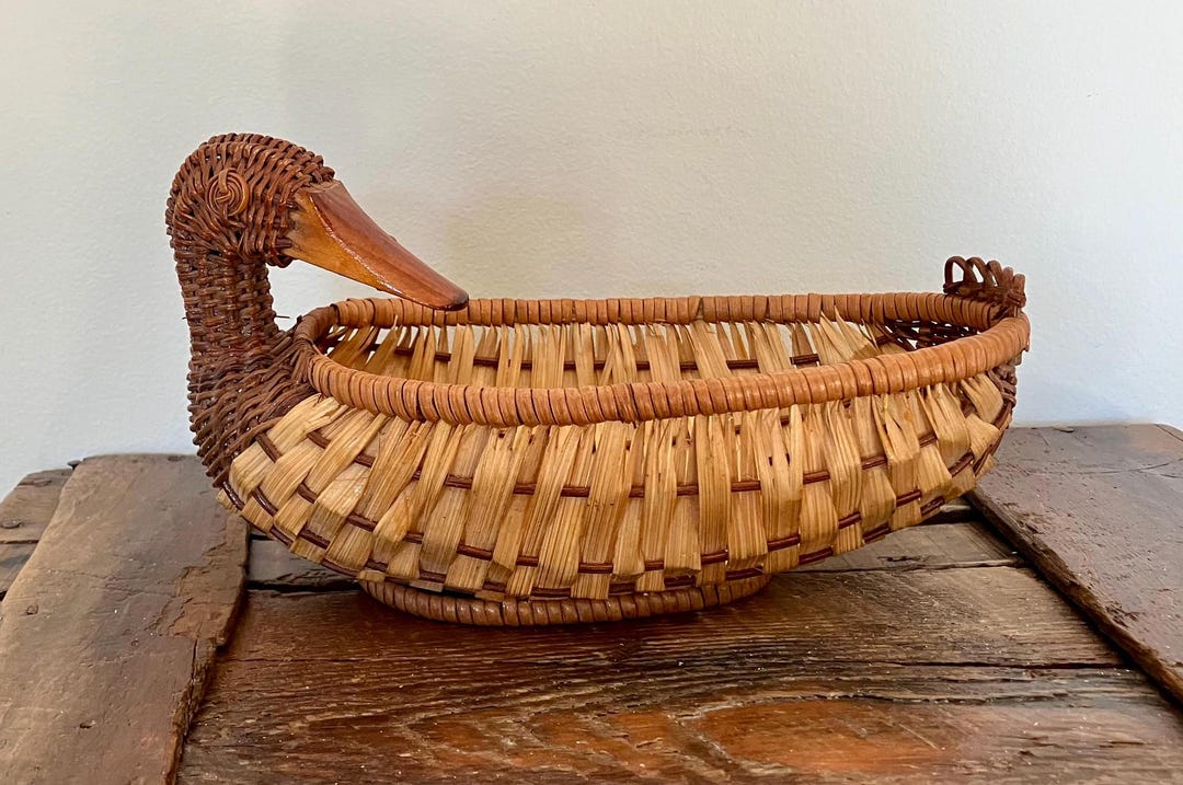 Vintage Woven Wicker Duck Basket. Light and Dark Wicker With a Wooden ...