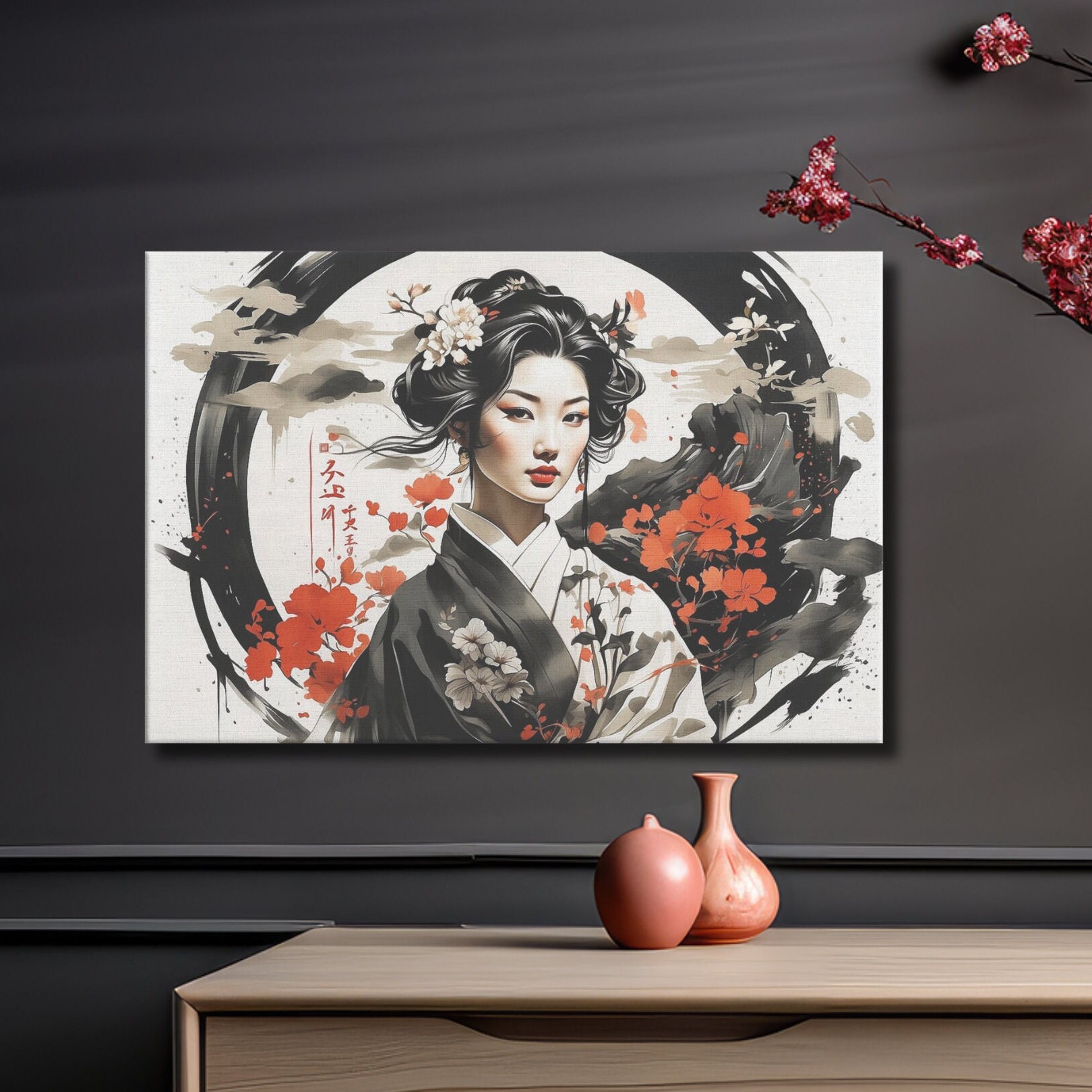 Japanese Ink Painting of Geisha With Natural Sukura Beauty. Sumi-e Ink ...