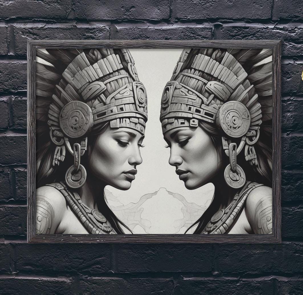 DUAL PRINCESS Aztec Digital Wall Art, Black & White Contemporary ...