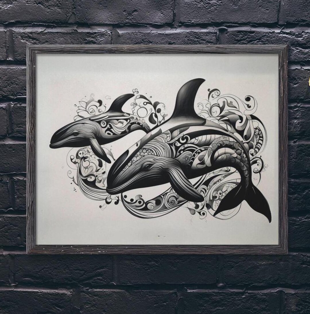 Māori Whales Digital Art, Black and White Sketch, Strength and Wisdom ...