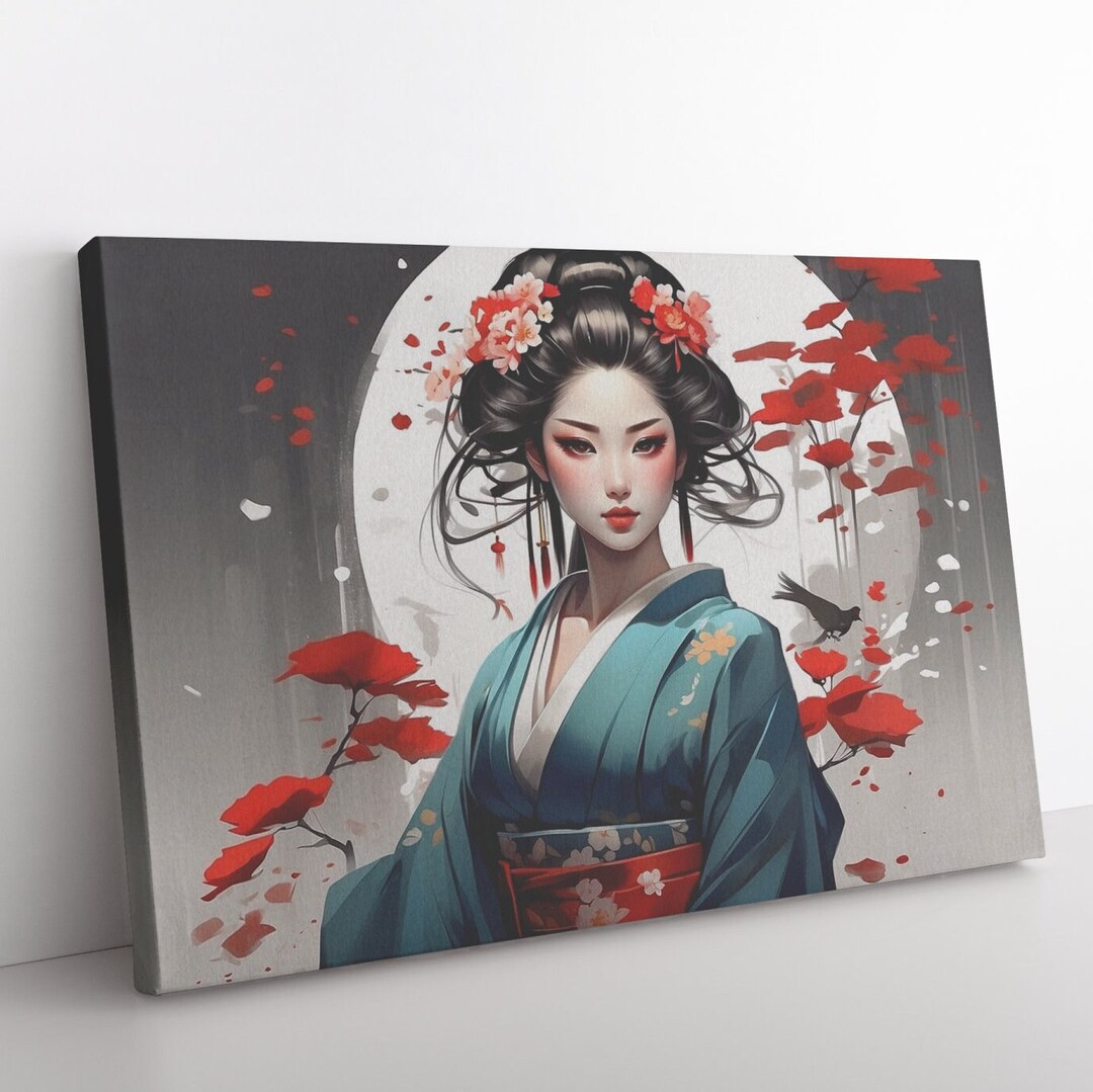 Japanese Ink Painting of Geisha With Natural Sukura Beauty. Sumi-e Ink ...