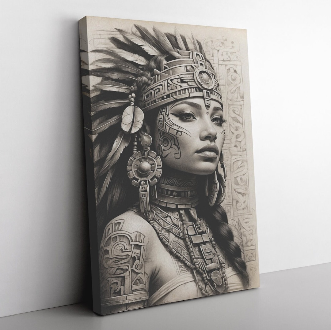 Aztec Empire Classic Art, Aztec Princess Warrior Print, Black & White ...