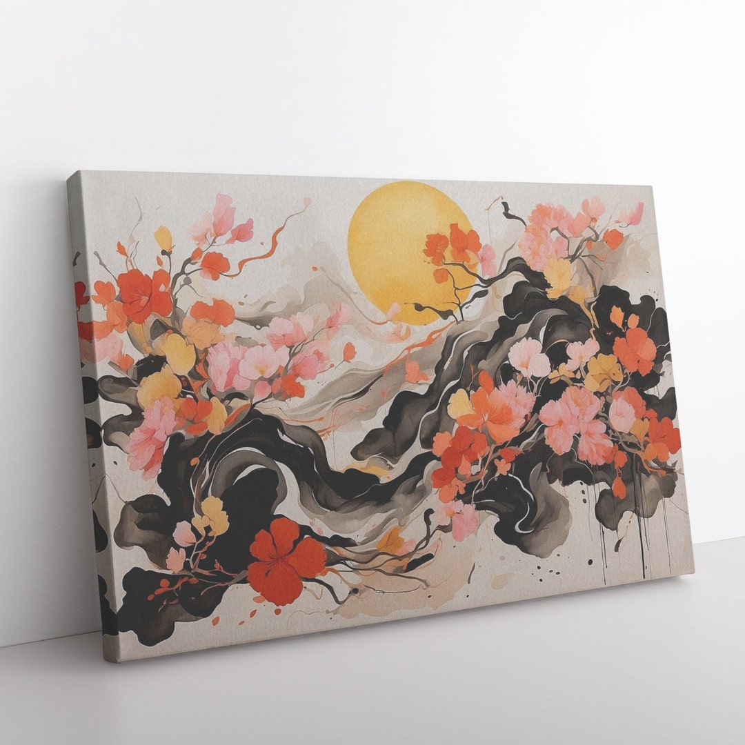 Japanese Minimal Art, Sumi-e Art With Sakura Accents, Japanese Ink Art ...