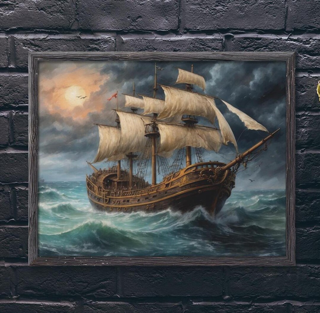 Pirate Ship Print, Ocean Wall Art, Office Printable Decor, Nautical ...