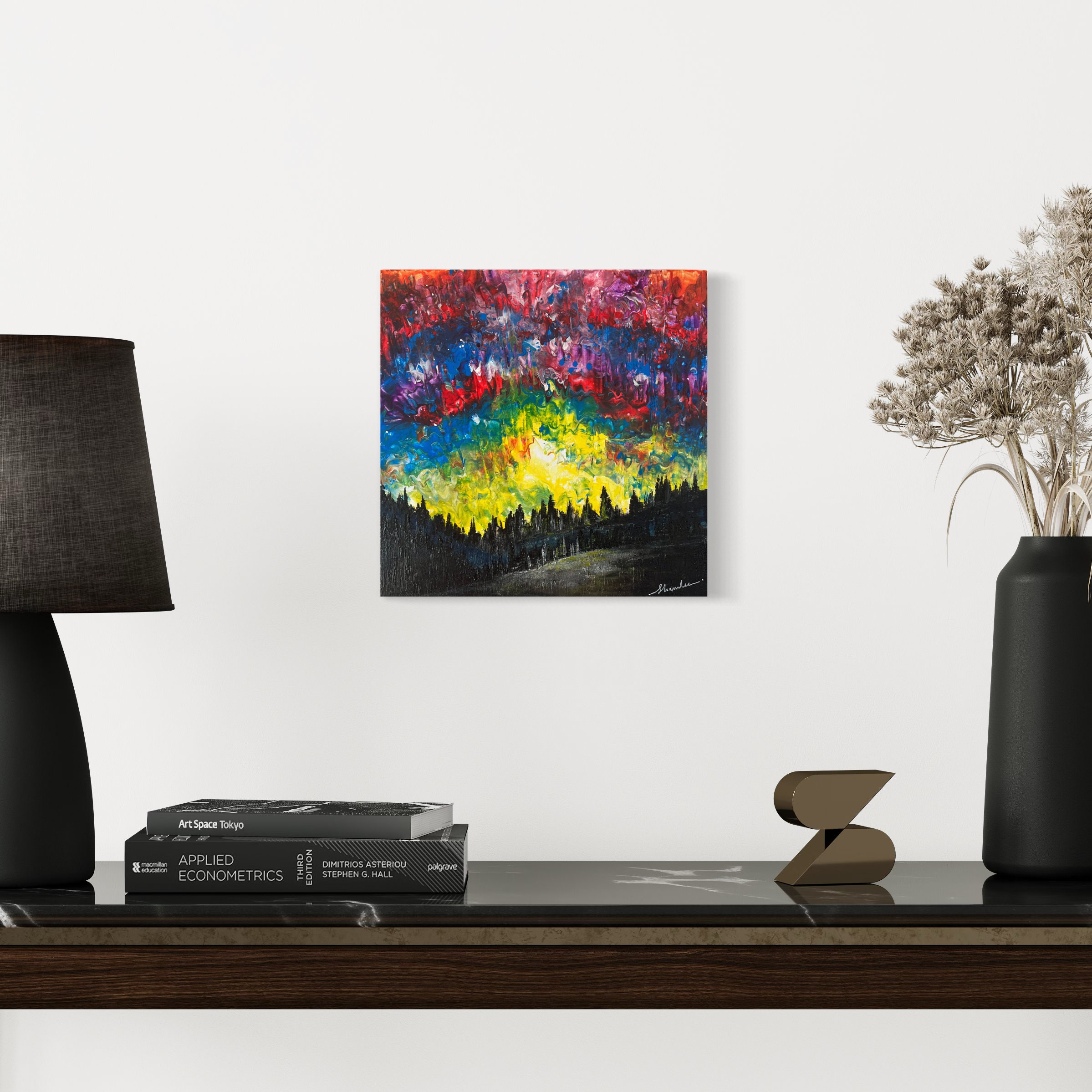 Vivid Abstract Landscape Painting of Colorful Sunset Over Forest ...