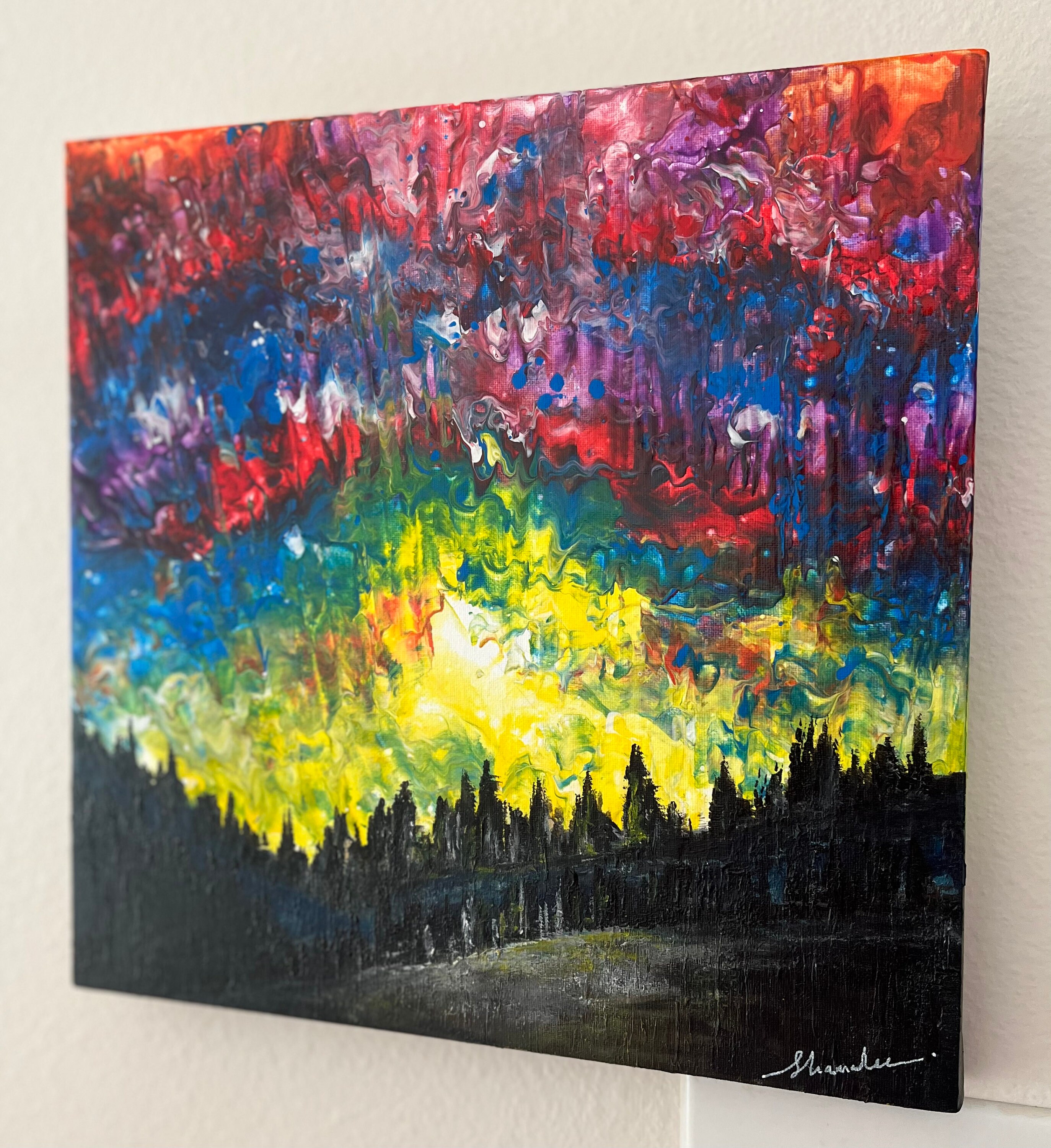 Vivid Abstract Landscape Painting of Colorful Sunset Over Forest ...