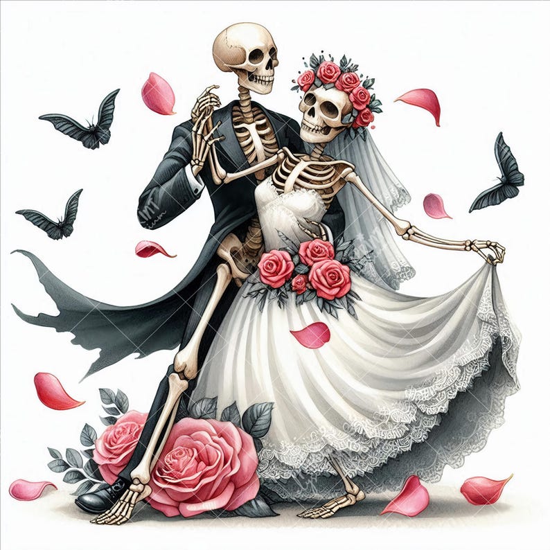 Happy Skeleton Couple Clipart Bundle, Whimsical Dancing Skeletons in ...