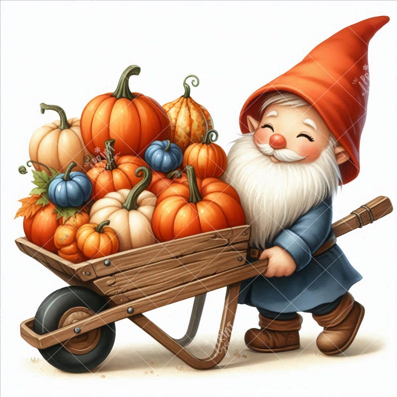 Pushing Cart Gnome Clipart Bundle, Fall Harvest Gnome JPG, Gnome With ...