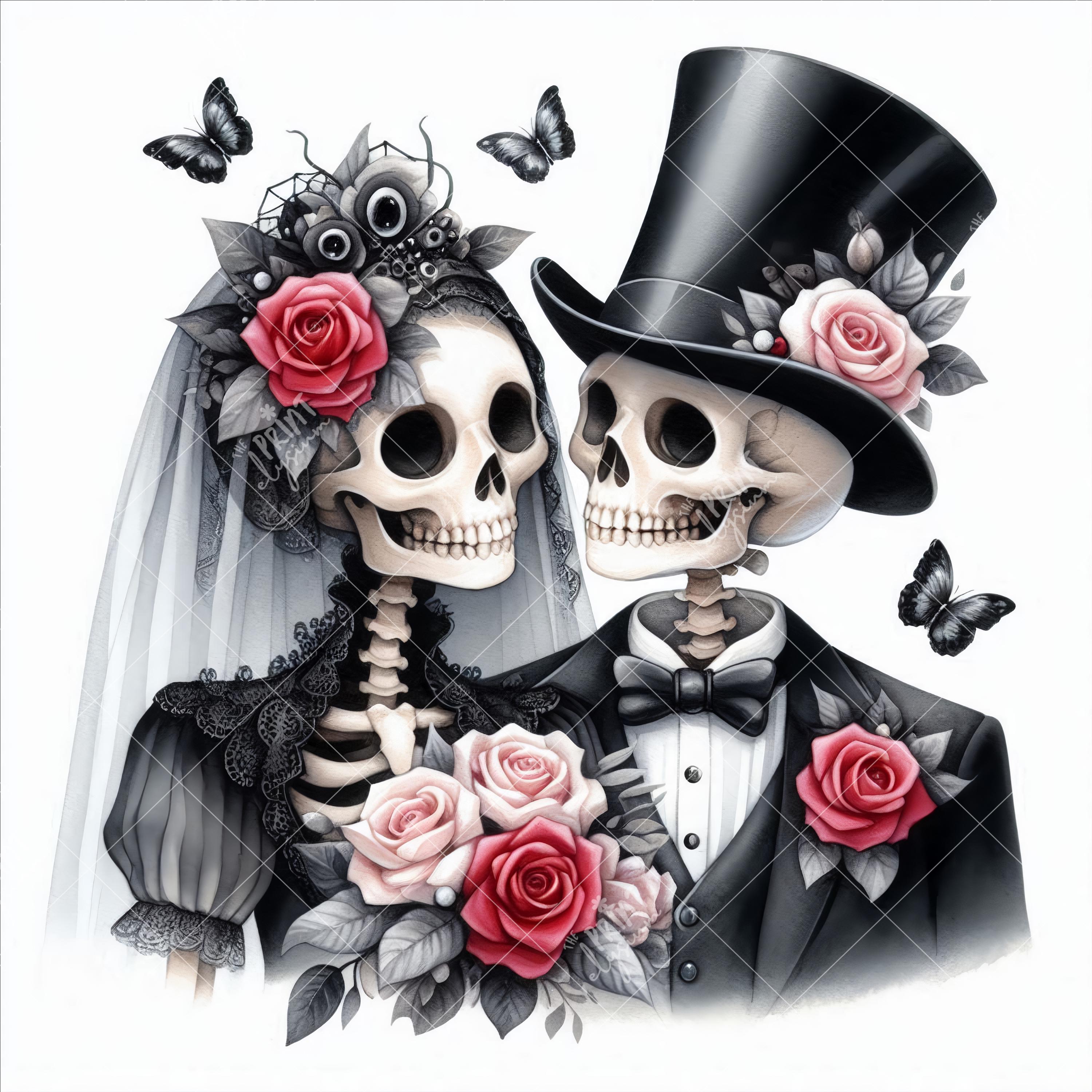 Happy Skeleton Couple Clipart Bundle, Whimsical Dancing Skeletons in ...