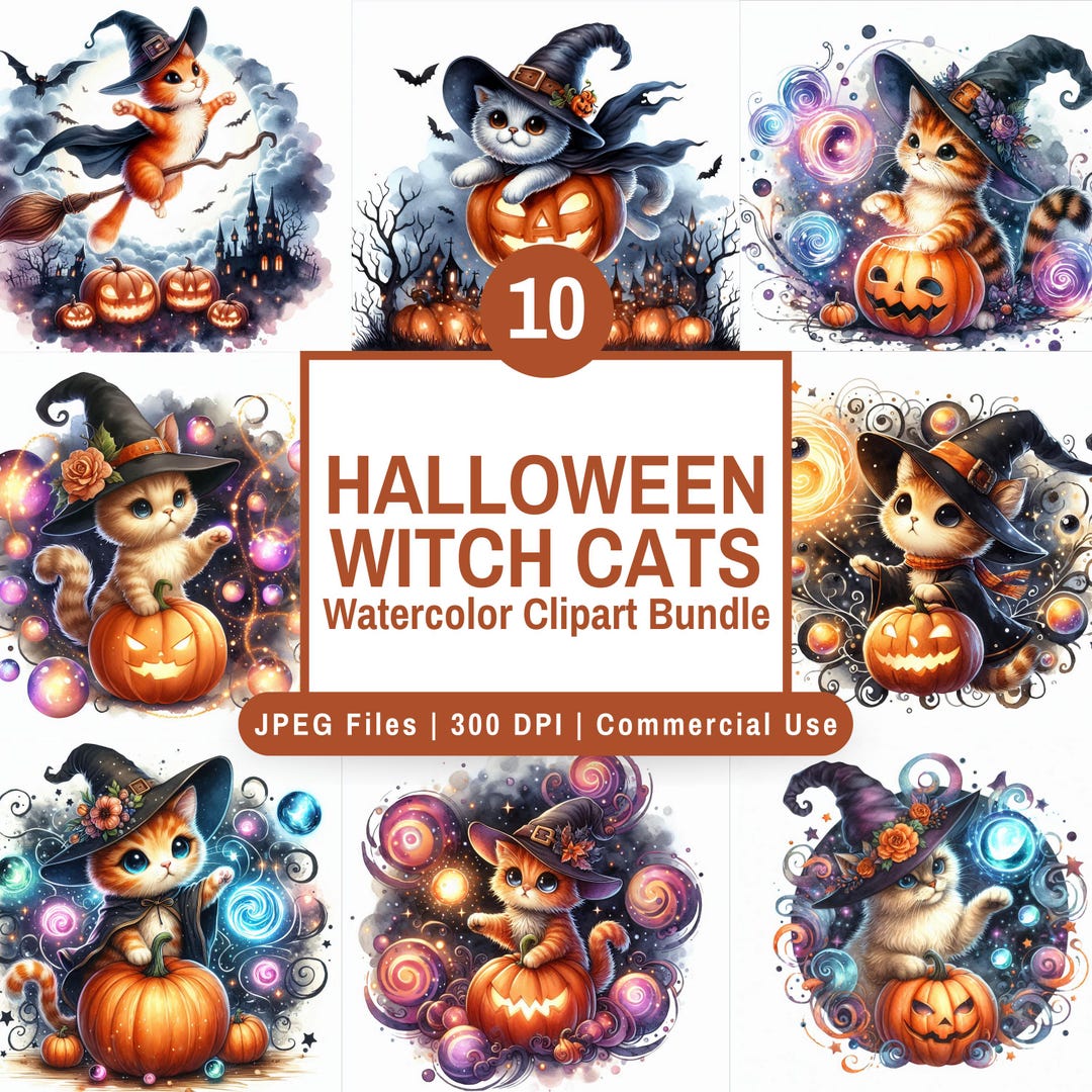 Magical Witch Cats Clipart Bundle, Halloween Black Cat JPG, Mystical ...