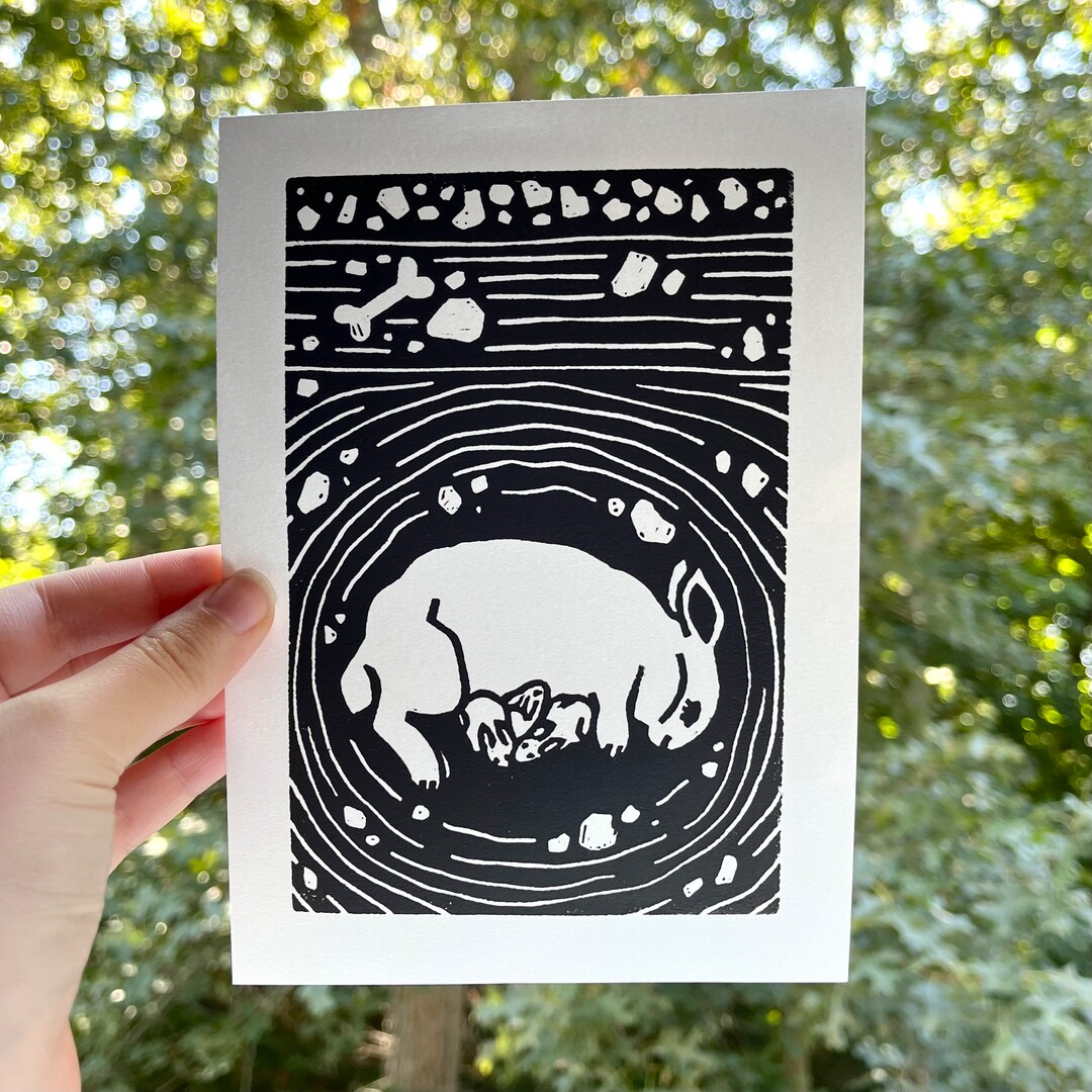 Bunny Rabbit Linocut Print. Original Hand Printed in Black Ink. Open ...