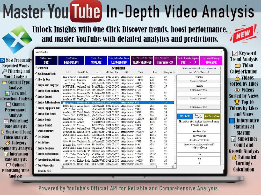 Youtube Video Analysis Tool: Excel Optimization (windows & Macos) - Etsy