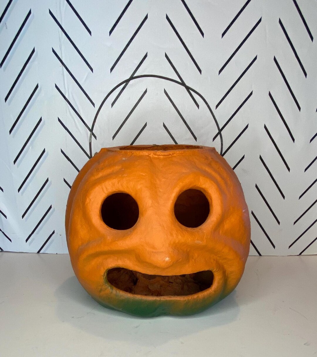 Vintage Paper Mache Jack O Lantern Wire Handle Signed DBH ...seasons ...