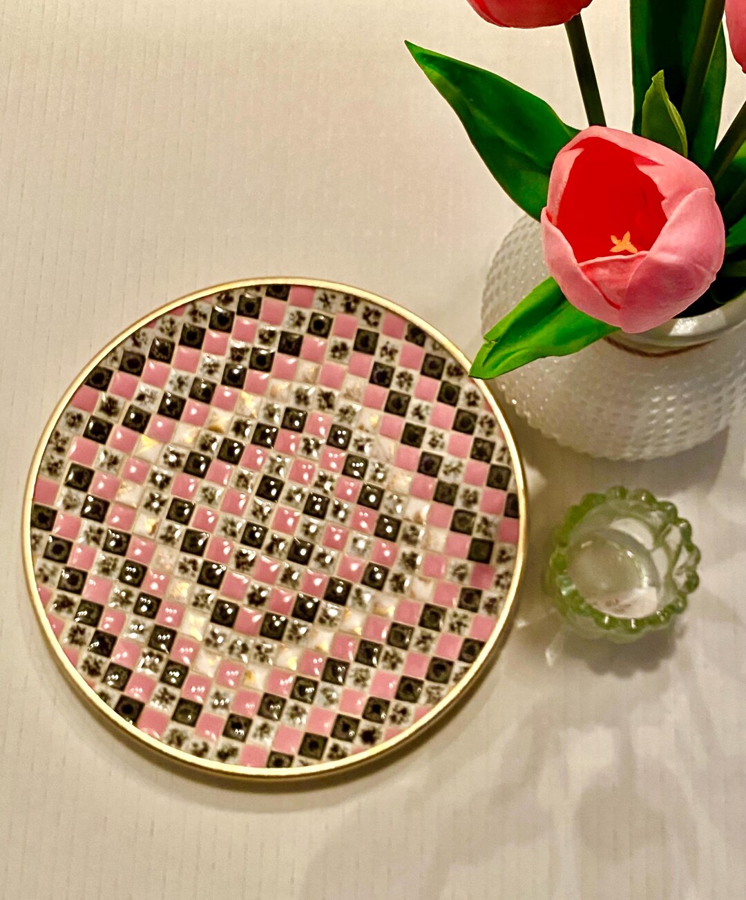 Midcentury Mosaic Tile Plate...pink, Black, White, and Gold Tones 8 1/2 ...