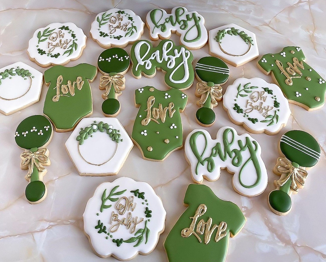 Green and Gold Baby Shower Sugar Cookies, Custom Sugar Cookies - Etsy