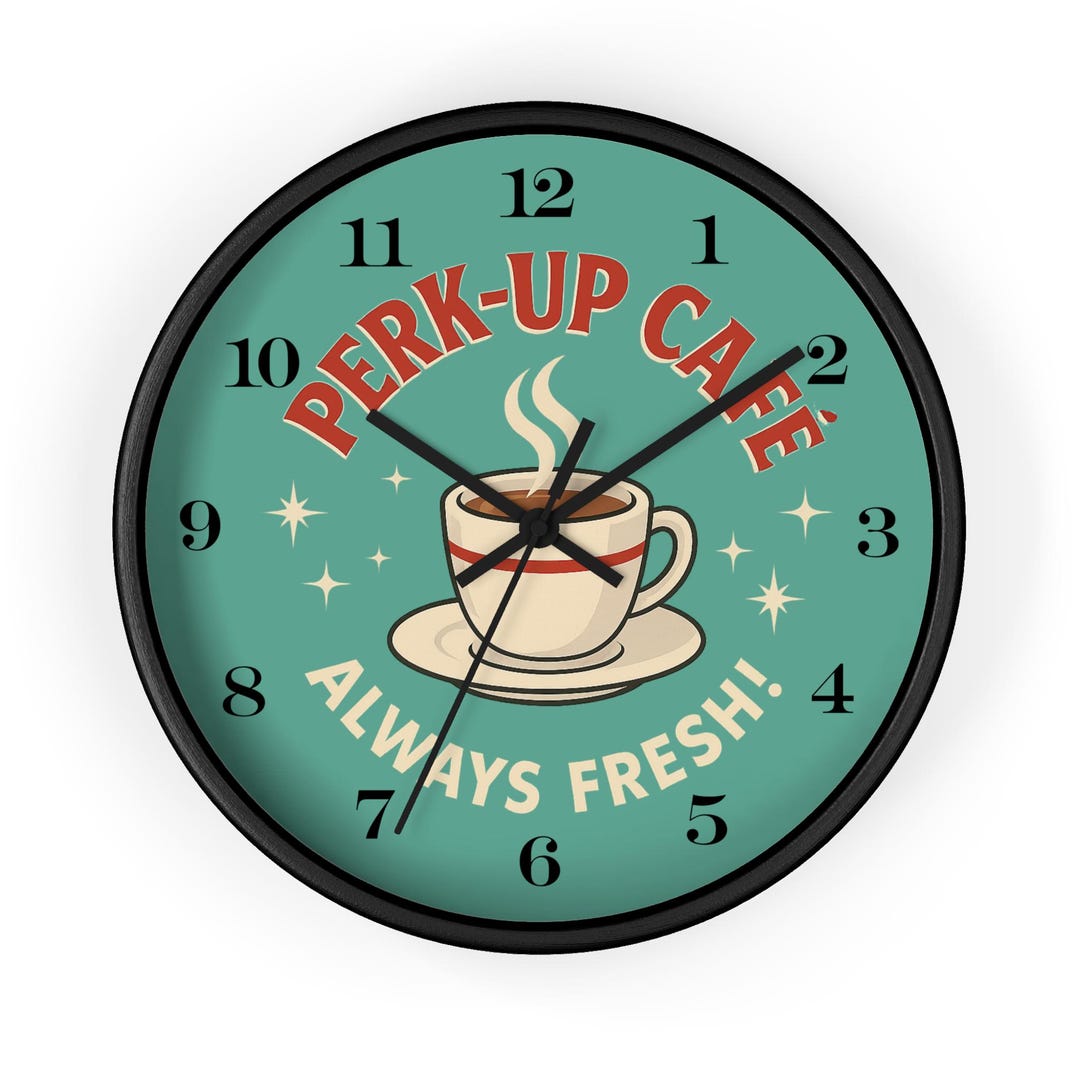 Retro Diner Coffee Wall Clock Design, Perk-up Café Steaming Mug Graphic ...