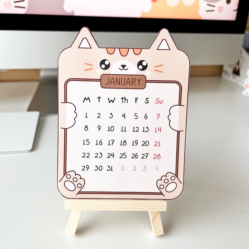 Cute Cat Shaped Small Desk Calendar 2024 Cute Kawaii Printable Office ...