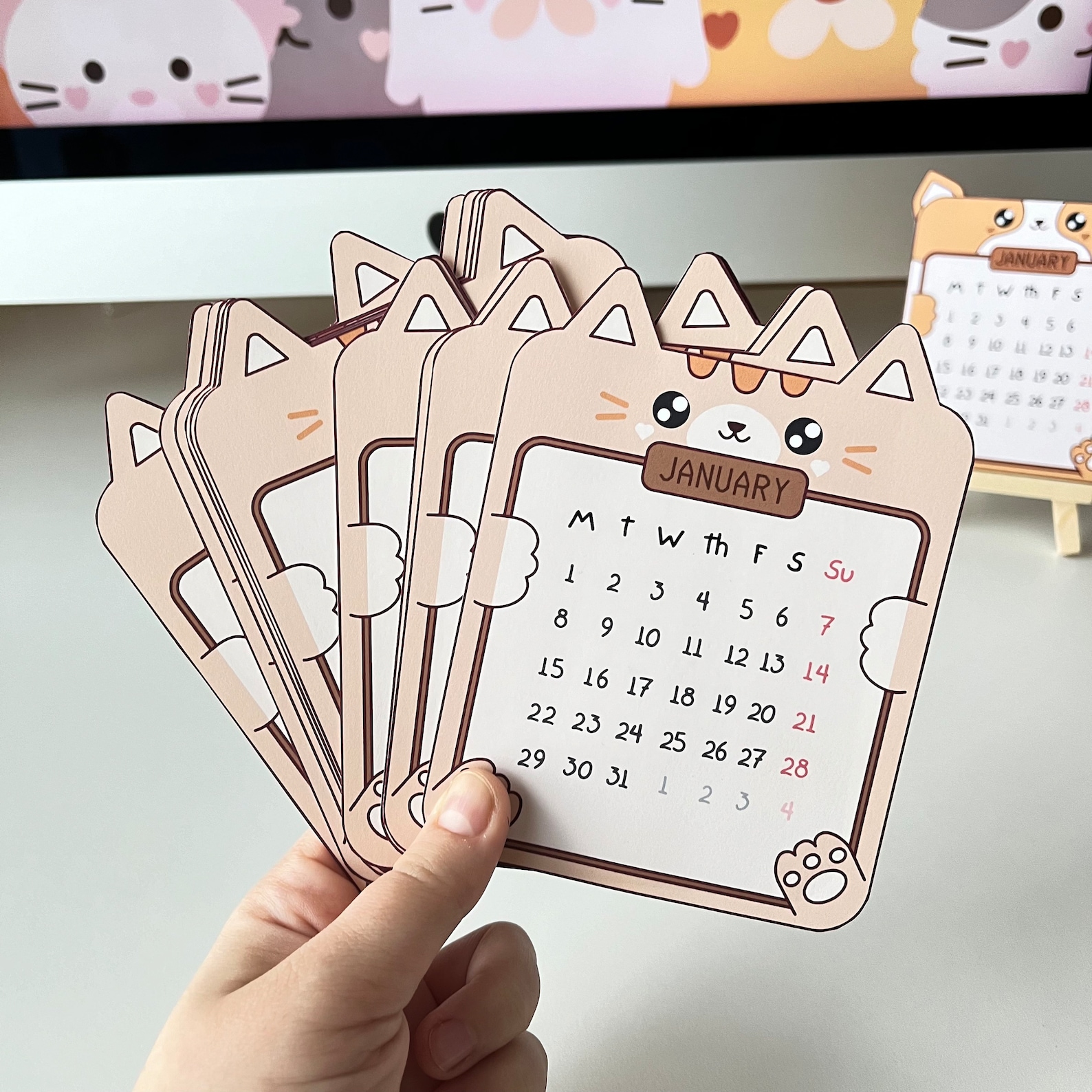 Cute Cat Shaped Small Desk Calendar 2024 Cute Kawaii Printable Office ...