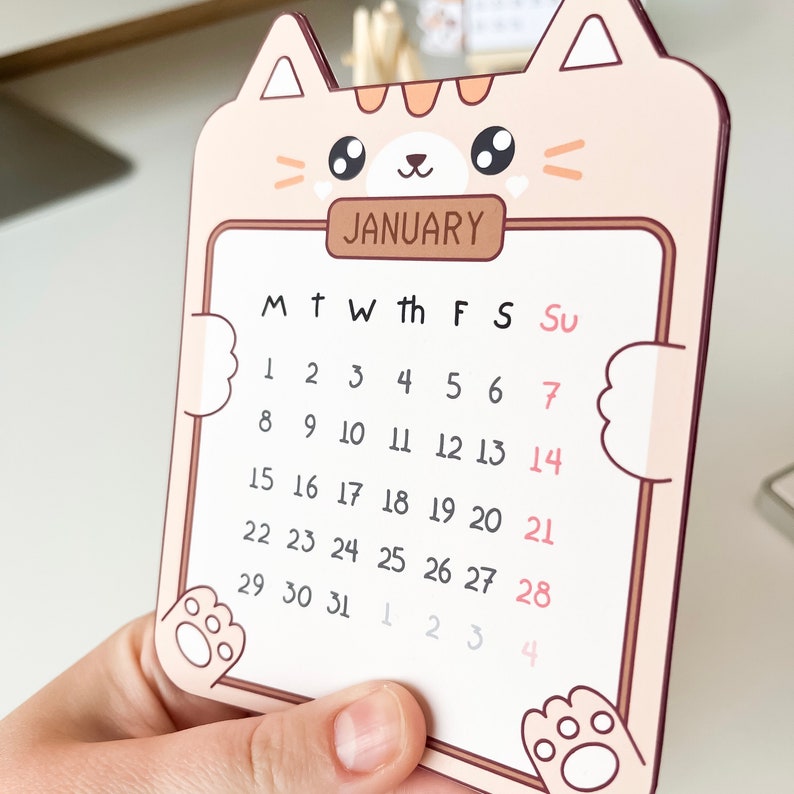 Cute Cat Shaped Small Desk Calendar 2024 Cute Kawaii Printable Office ...