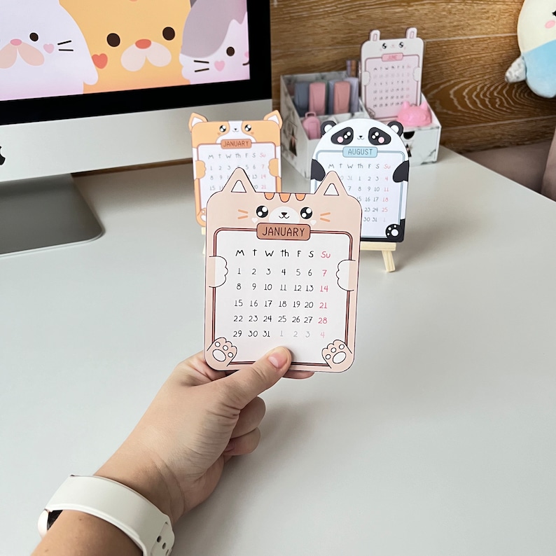 Cute Cat Shaped Small Desk Calendar 2024 Cute Kawaii Printable Office ...