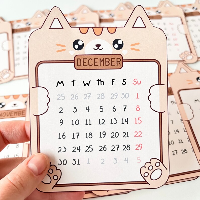 Cute Cat Shaped Small Desk Calendar 2024 Cute Kawaii Printable Office ...