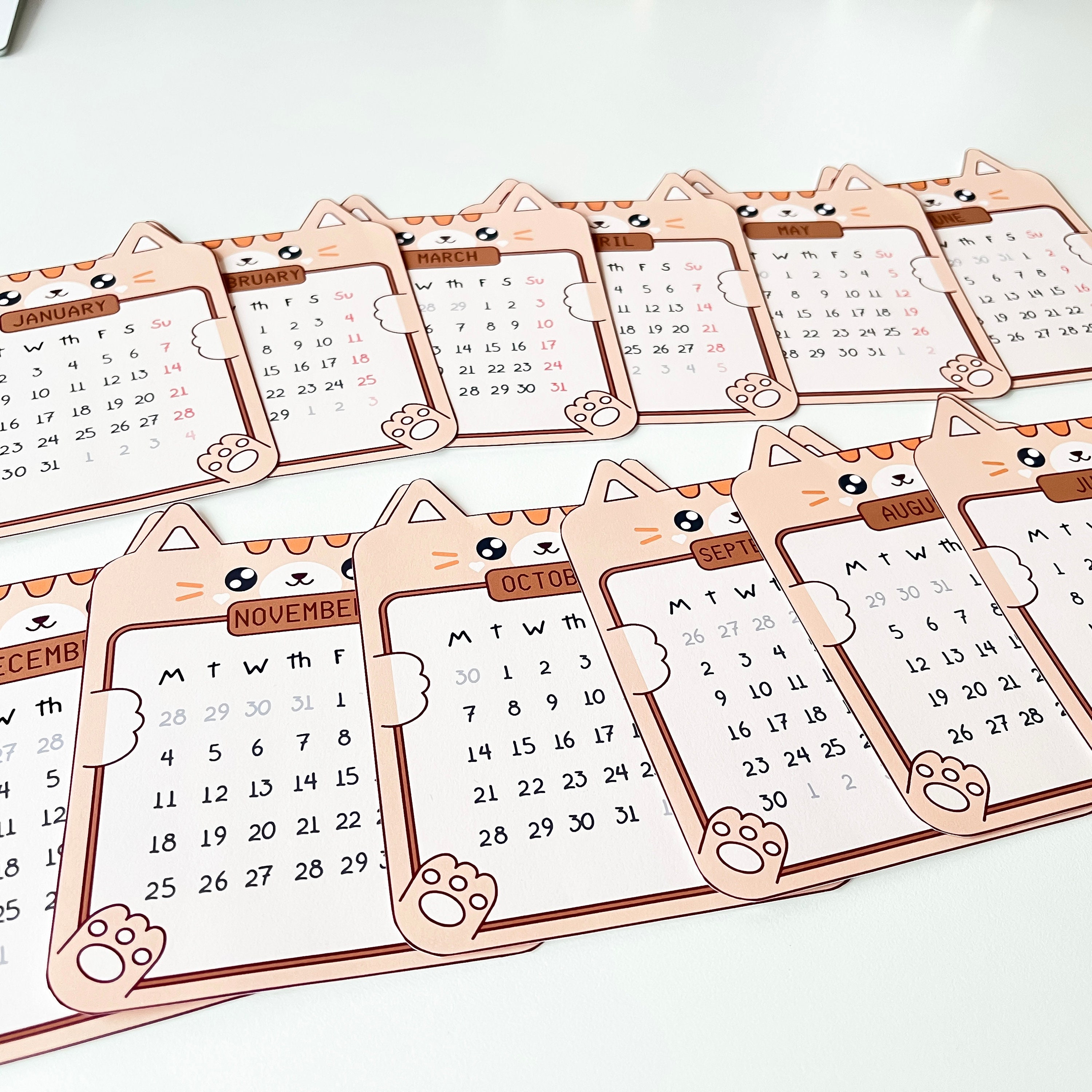 Cute Cat Shaped Small Desk Calendar 2024 Cute Kawaii Printable Office ...